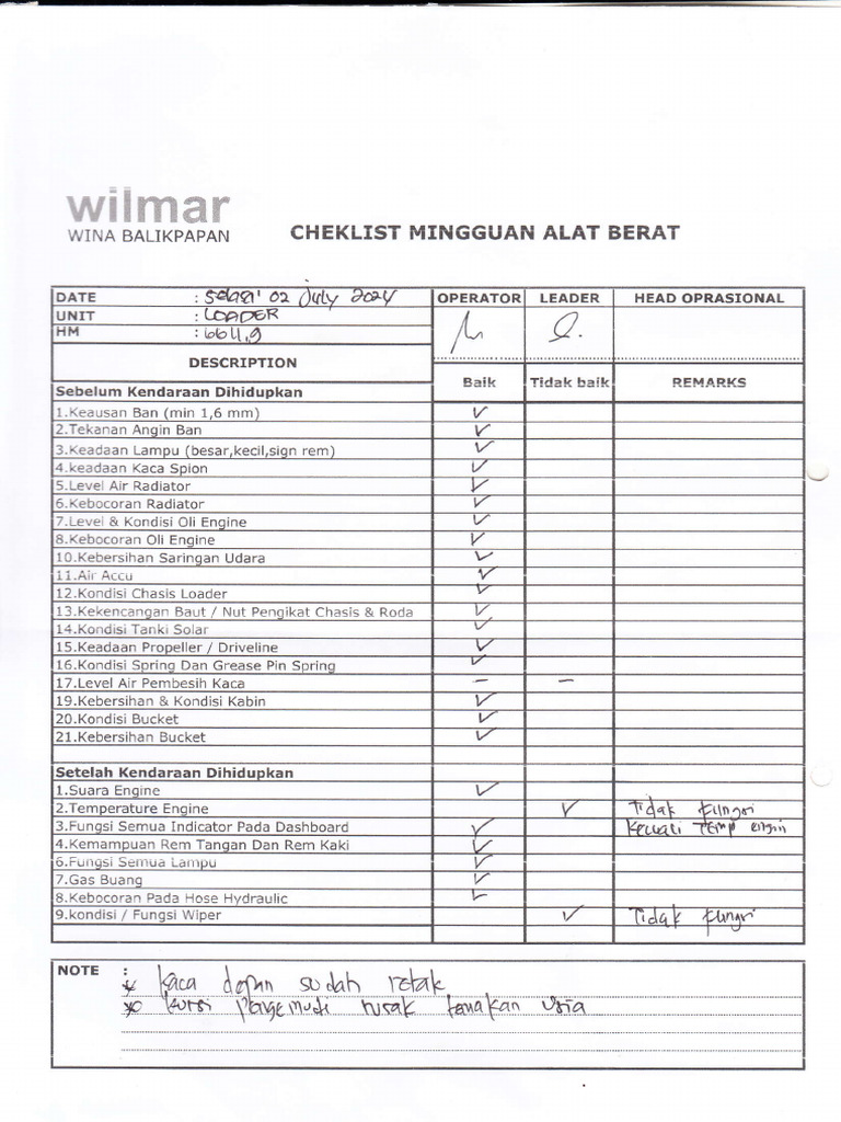 Checlist Mingguan Alat Berat | PDF