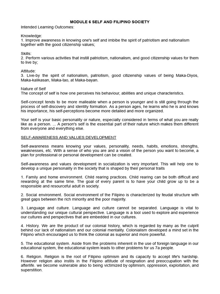 Self-Awareness and Filipino Values | PDF | Self Awareness | Self Concept