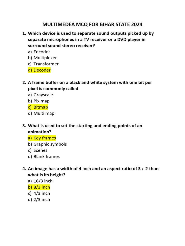 11 MULTIMEDIA STATE BIHAR MCQ | PDF | Codec | Texture Mapping
