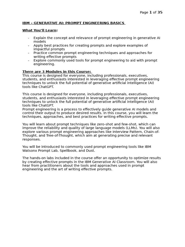 IBM - Generative AI - Prompt Engineering Basics - Course Notes | PDF ...
