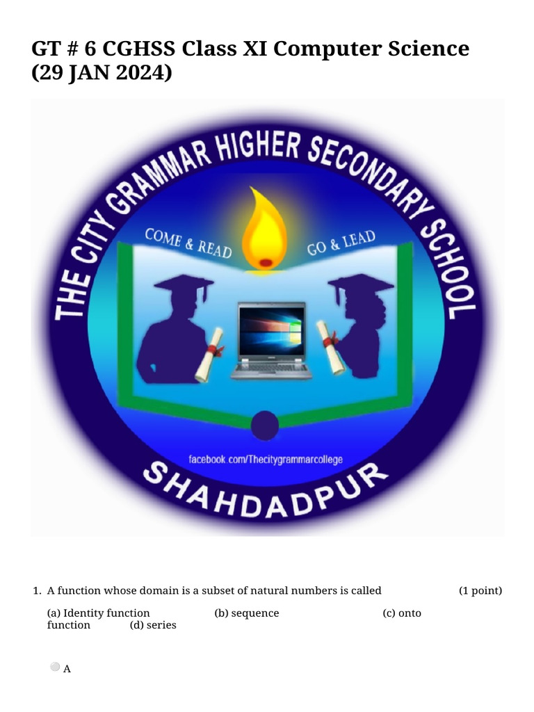 GT # 6 CGHSS Class XI Computer Science (29 JAN 2024) | PDF | Function (Mathematics) | Analysis