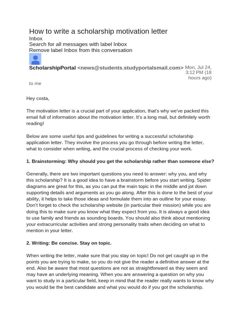 Scholarship Motivation Letter Guide | PDF | Human Communication