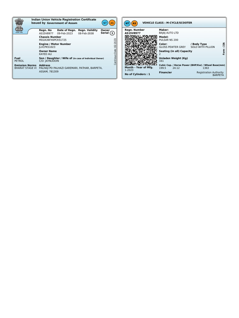 Assam Vehicle Registration Details: Bajaj Pulsar NS 200 | PDF | Vehicle ...