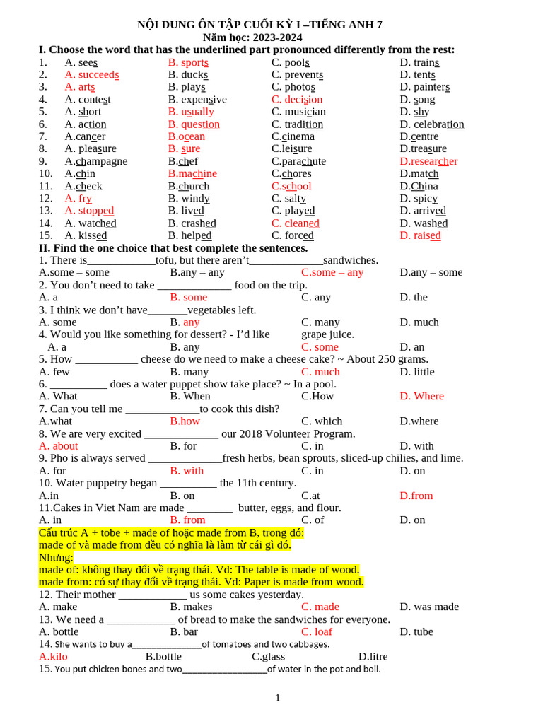 23-24 e7 Ôn Tập Ktck 1 | PDF | Lunch | Meal