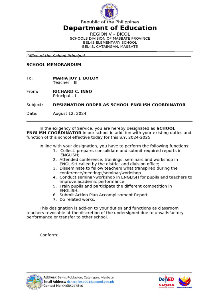 Designation Order of Mrs. Maria Joy J. Boloy | PDF | Learning