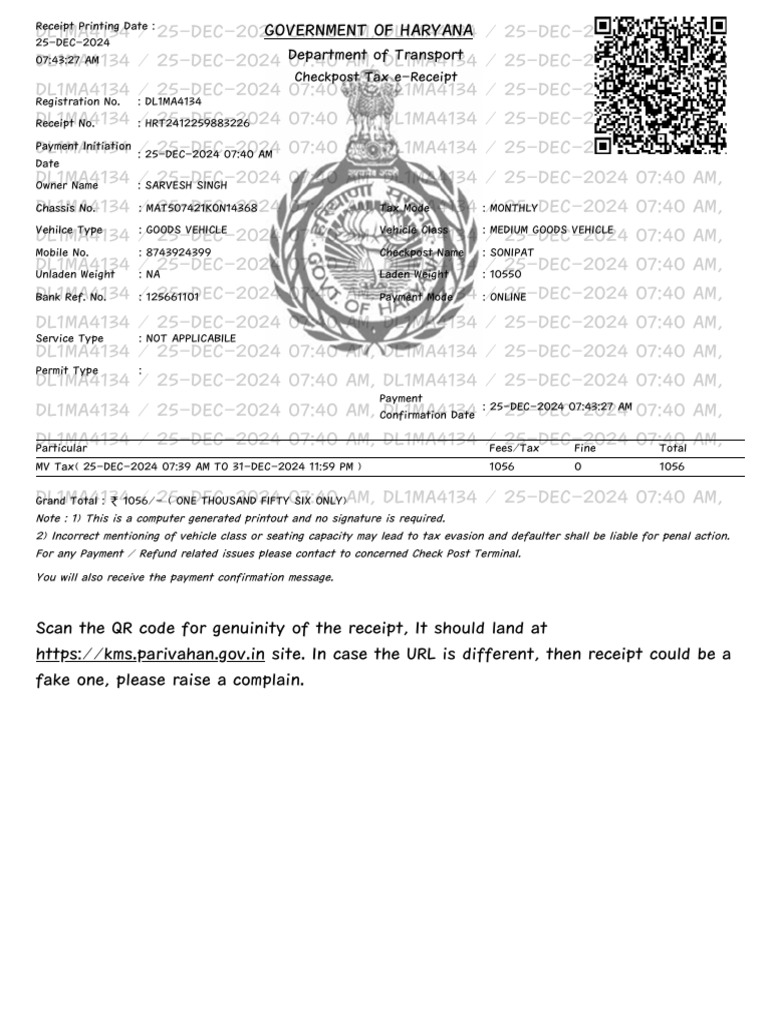 Department of Transport: Checkpost Tax E-Receipt | PDF | Payments