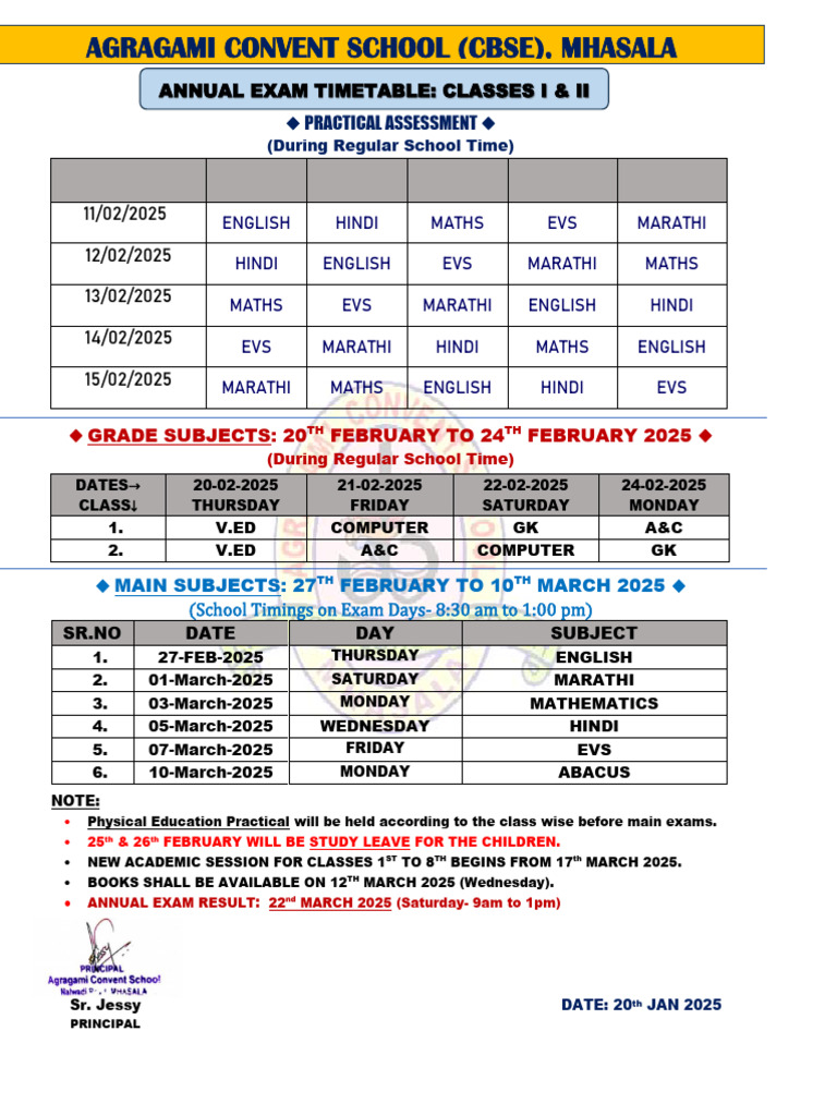 Annual Exam Timetable Std 1& 2 | PDF | Student Assessment And Evaluation
