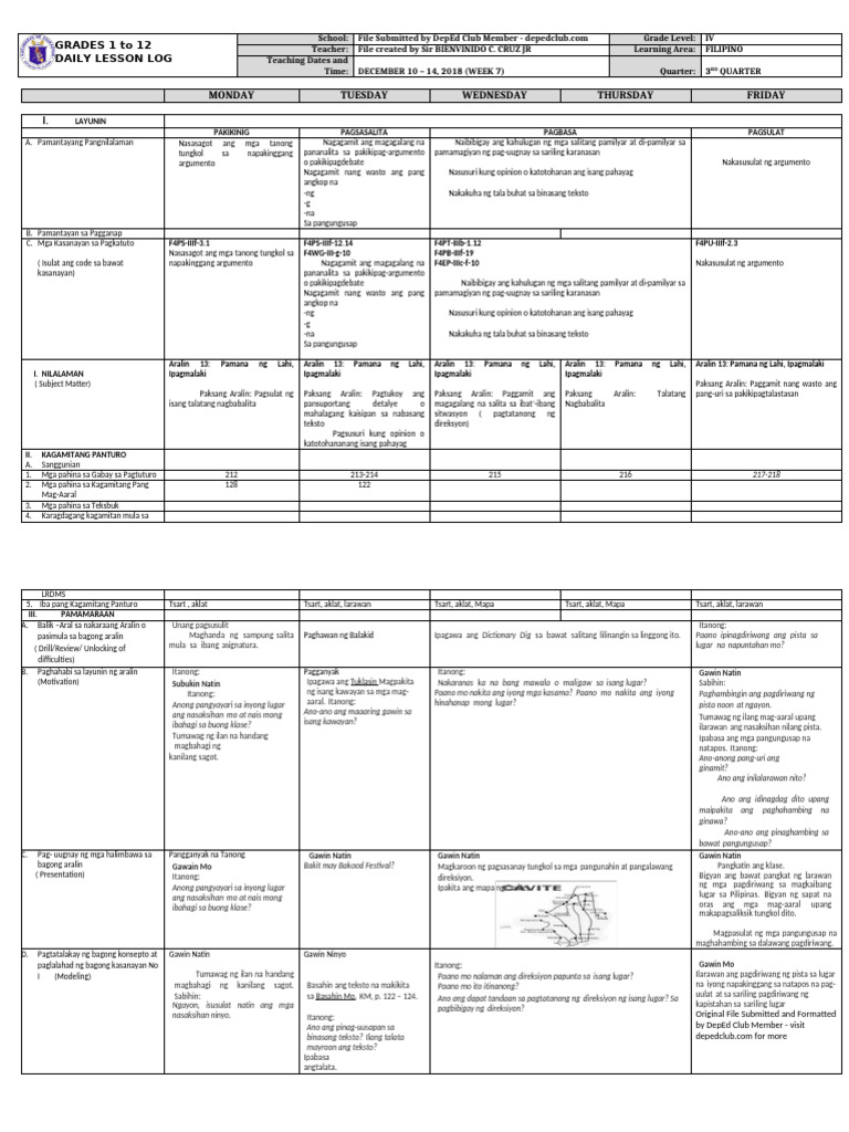 DLL - Filipino 4 - Q3 - W7 | PDF