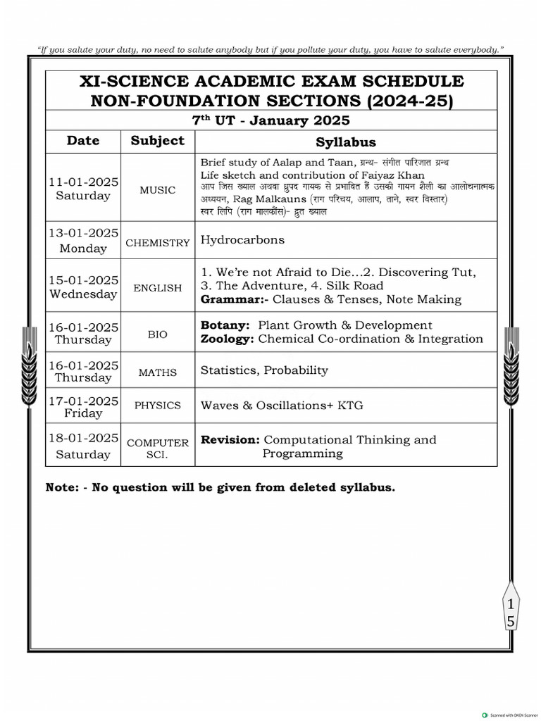 XI Science UT-7 and Final Exam Schedule | PDF