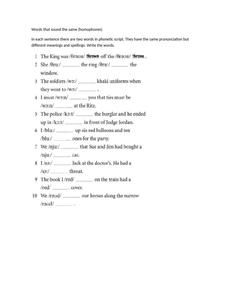 HOMOPHONES EXAMPLES | PDF