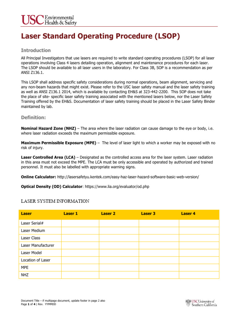 Laser Standard Operating Procedure Guide | PDF | Electromagnetic ...