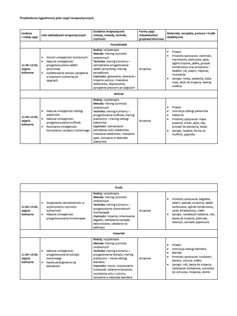 Przykladowy Tygodniowy Plan Zajec Terapeutycznych | PDF