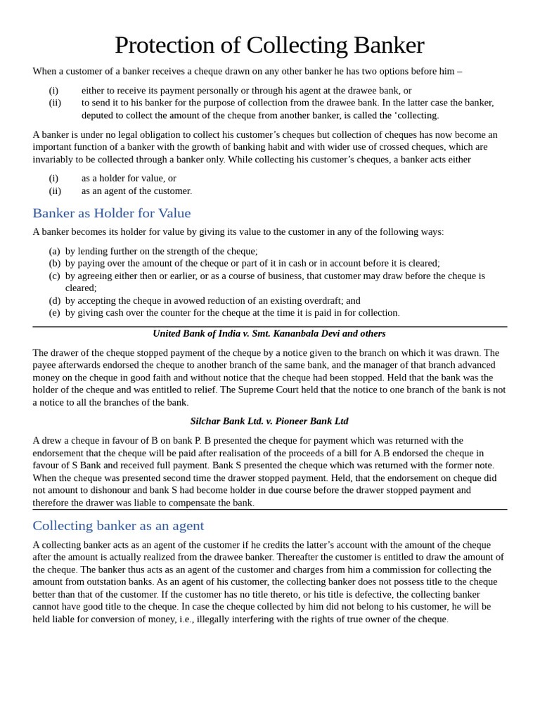 Protection of Collecting Banker | PDF | Cheque | Banks