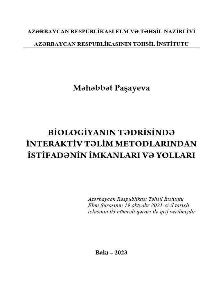 Biologiyanin Tədrisində Interaktiv Təlim Metodlarindan Istifadənin ...