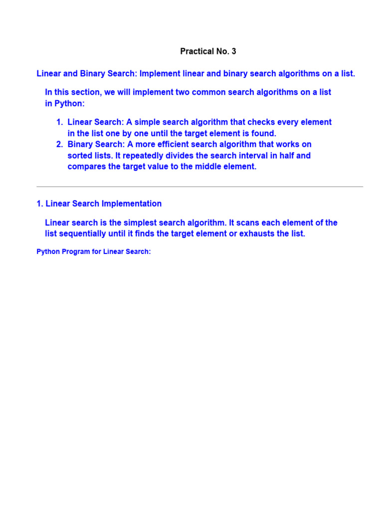 Practical No. 3 Linear and Binary Search - Implement Linear and Binary Search Algorithms On A ...