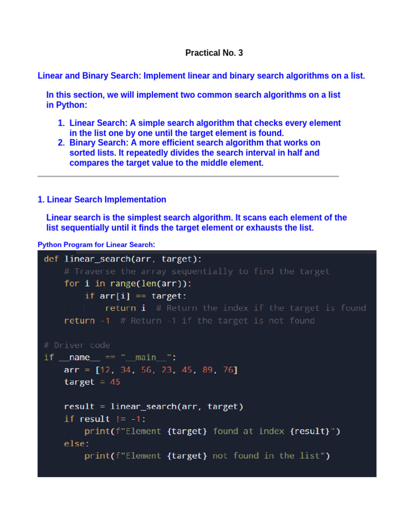 Practical No. 3 Linear and Binary Search_ Implement Linear and Binary ... Practical No. 3 Linear and Binary Search_ Implement Linear and Binary ...