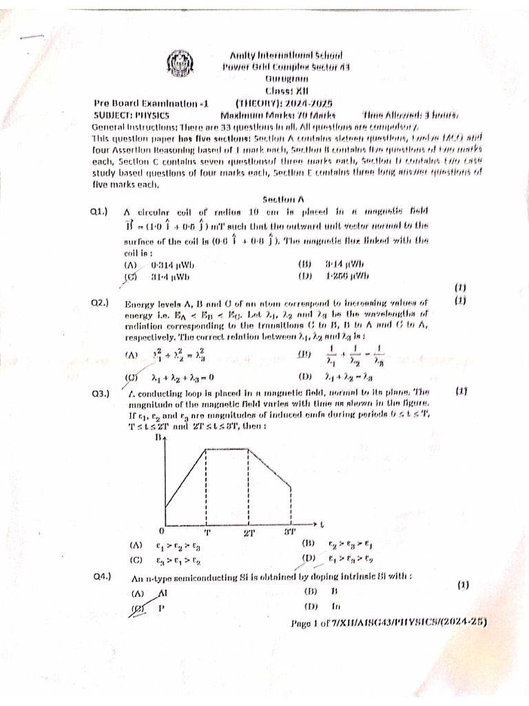 Physics Pre-Board - 1 12th | PDF