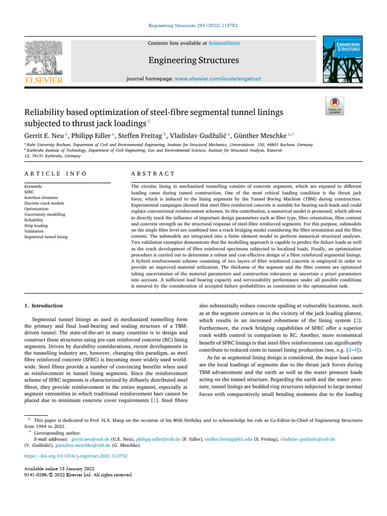 Reliability Based Optimization of Steel-fibre Segmental Tunnel Linings ...