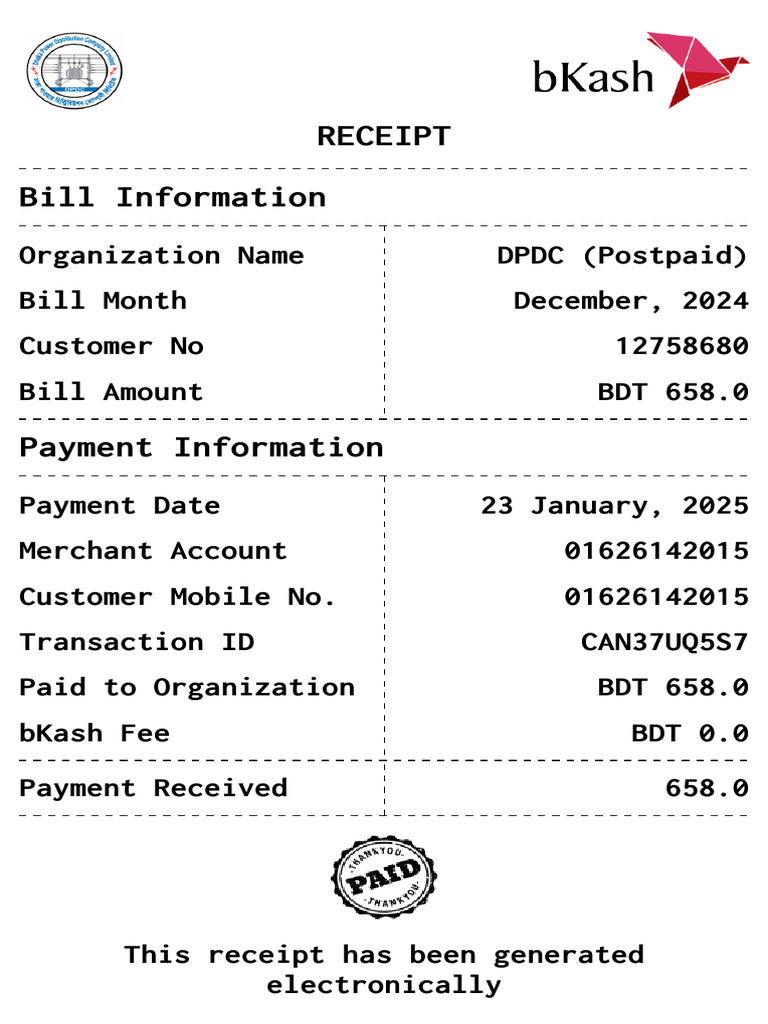 DPDC Postpaid Bill Receipt - Dec 2024 | PDF