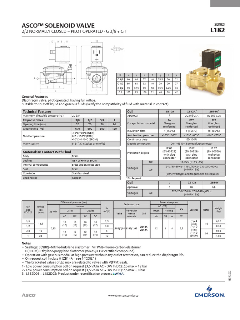Datasheet Solenoid Valve Series l182 Asco en 5370886 | PDF | Inductor | Electricity