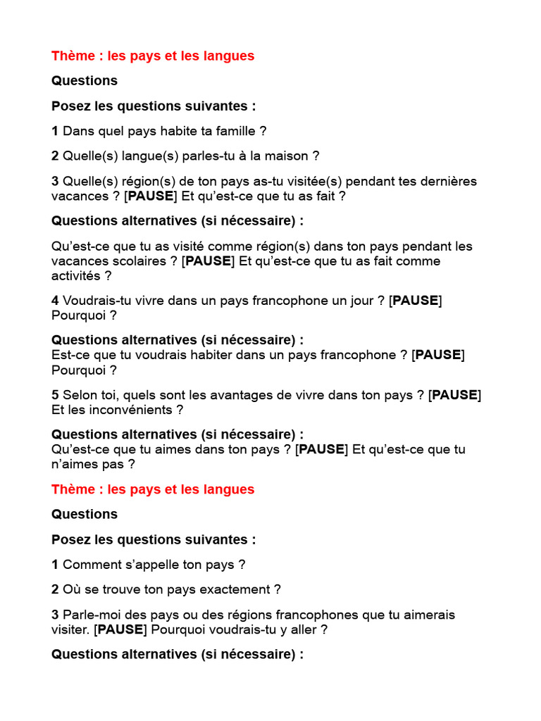 Questions sur les pays et les langues | PDF