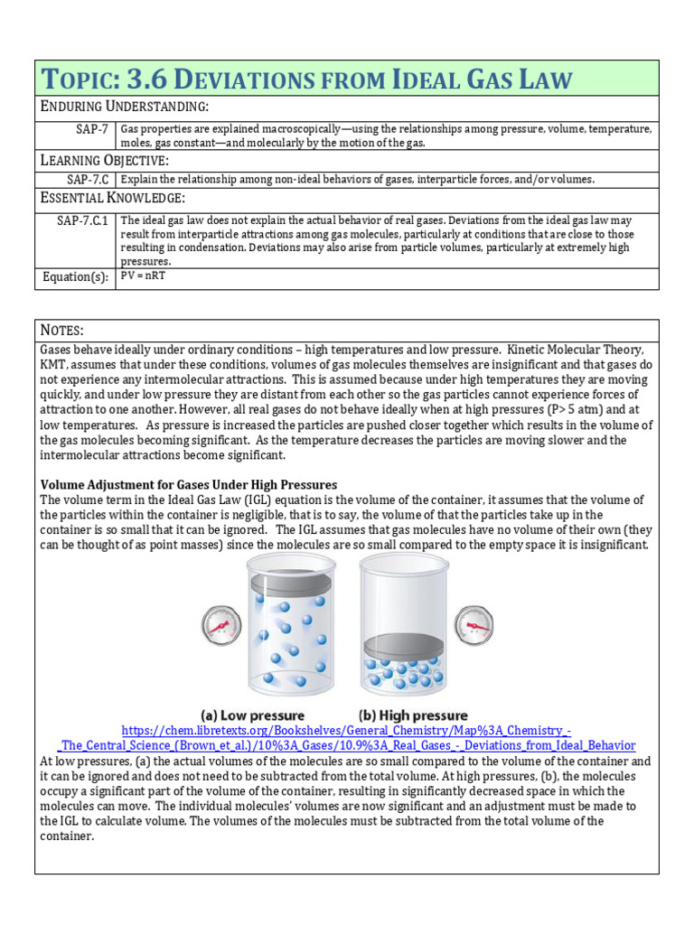 3.6 Deviation from Ideal Gas Law Student Key | PDF | Gases | Temperature