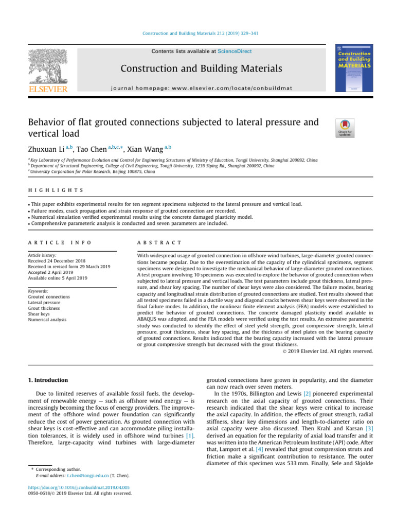 Behavior of Flat Grouted Connections Subjected To Lateral Pressure and ...