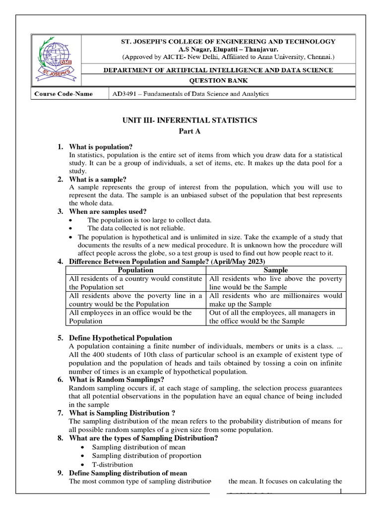 AD3491 - Unit 3 - Inferential Statistics Important Questions 2 Marks ...
