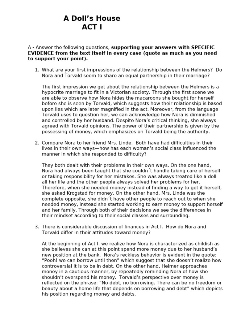 ADH Act 1 Questions | PDF | A Doll's House