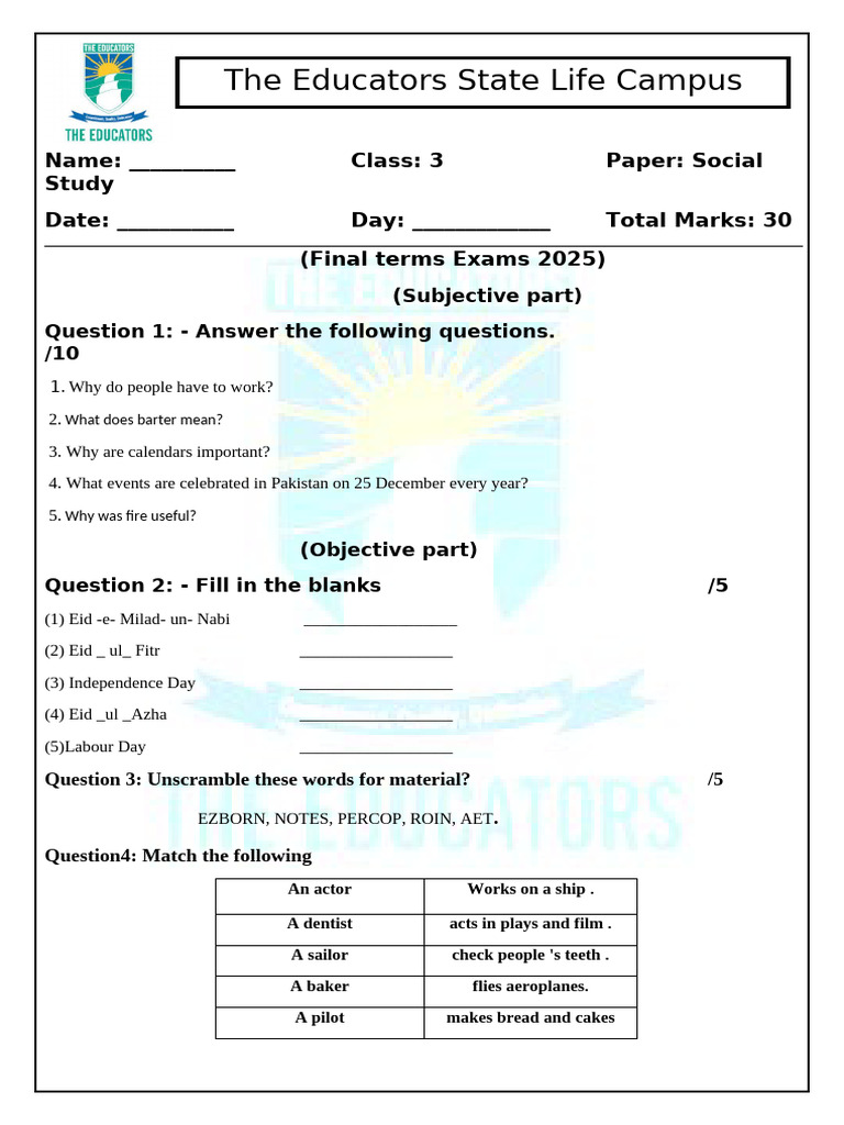 3rd Grade Social Studies Exam 2025 | PDF