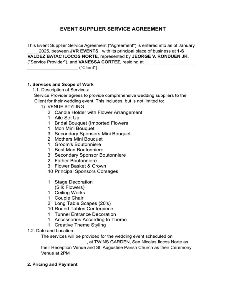 Wedding Supplier Service Agreement | PDF | Indemnity | Business Law