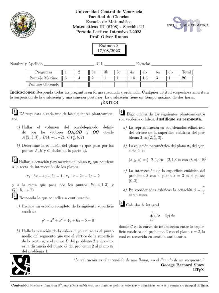 Examen 3. Matemáticas 3 Sección U1 Intensivo I2023 | PDF | Euclides | Geometría euclidiana