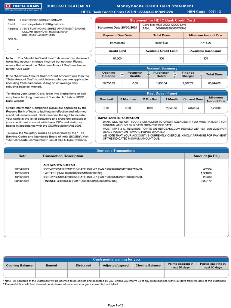 HDFC Bank Credit Card Statement Summary | PDF | Credit Card | Banks