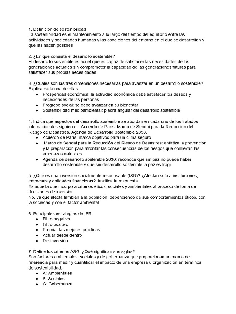 preguntas tema 1 sostenibilidad | PDF | Desarrollo sostenible | Sustentabilidad