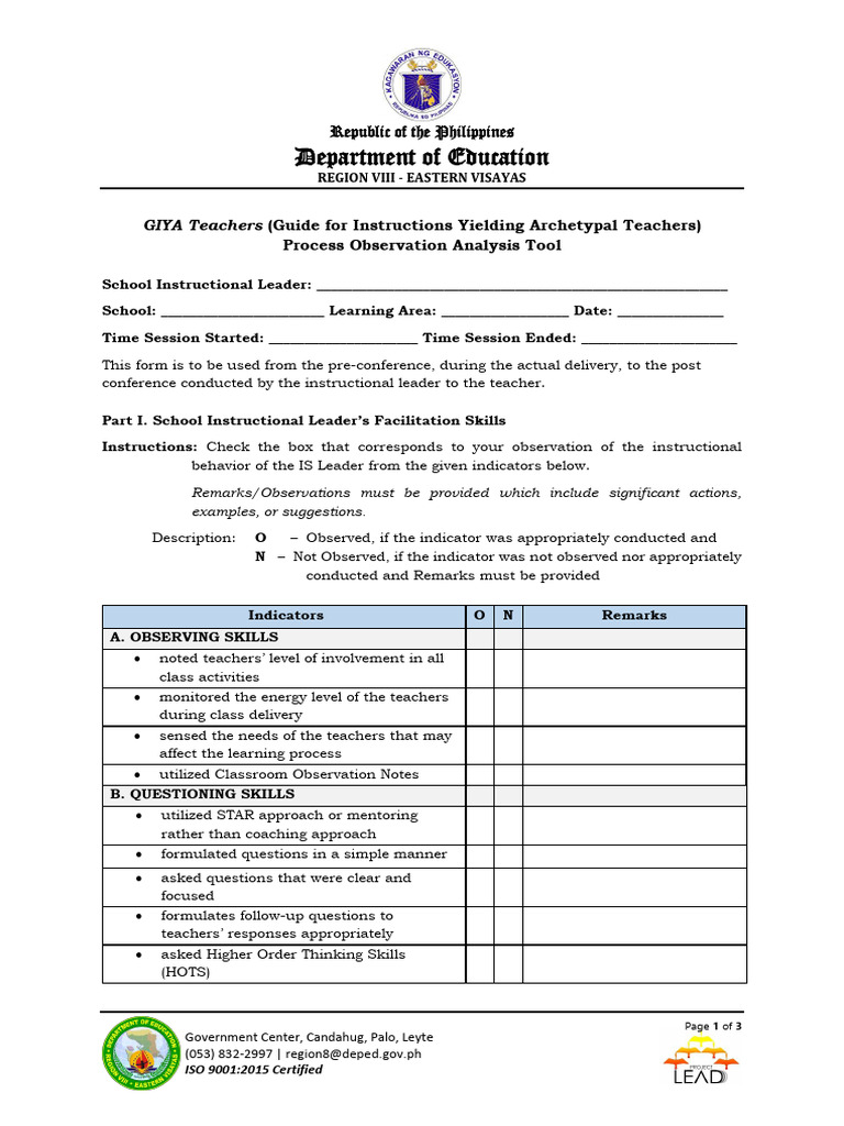 Giya Tool: Process Observation Guide | PDF | Teachers | Learning