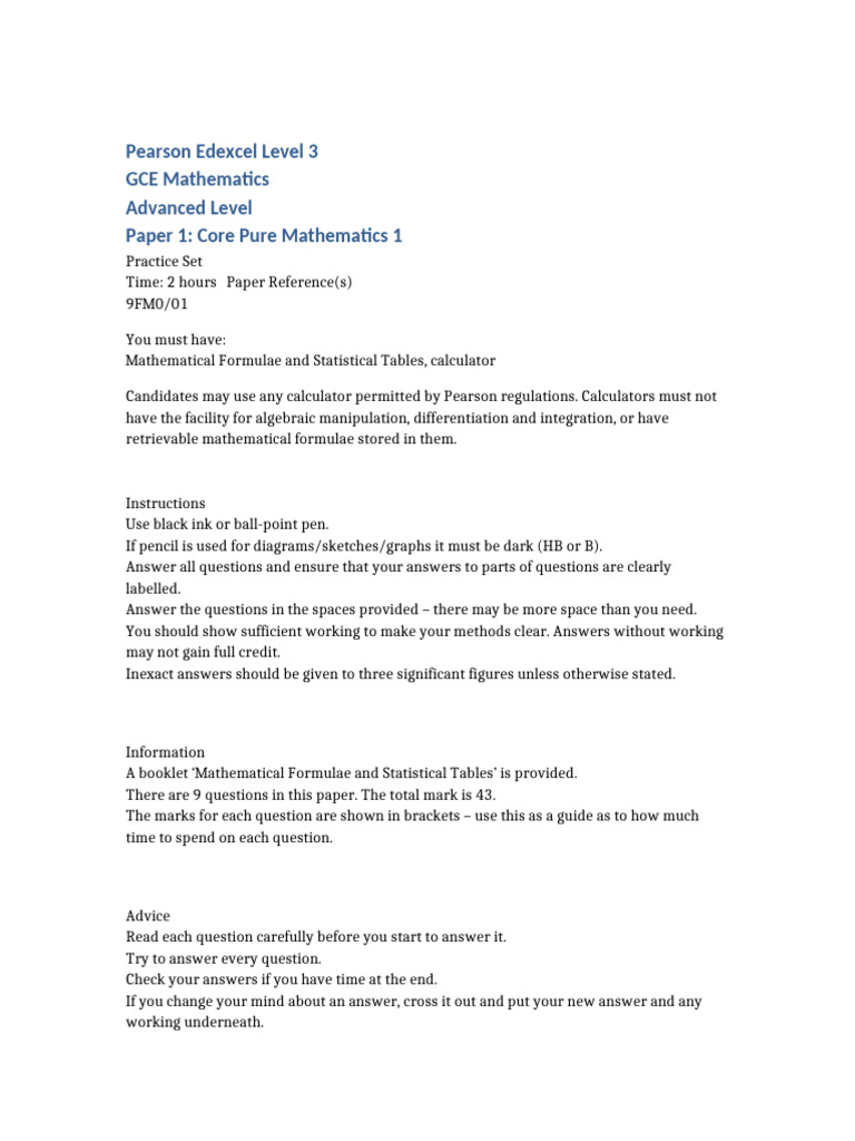 Edexcel Core Pure 1 Textbook Past Paper | PDF