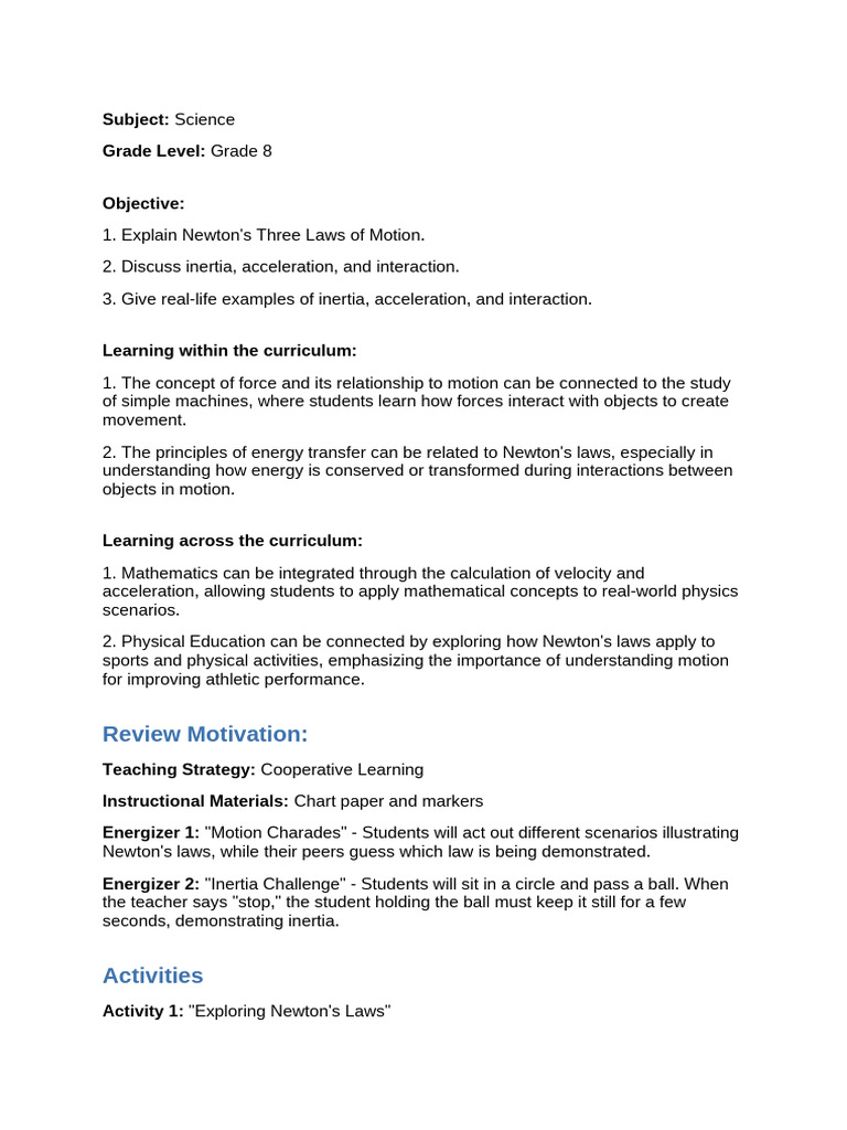 Lesson - Plan in Science 8 - Three Laws of Motion | PDF | Force | Inertia