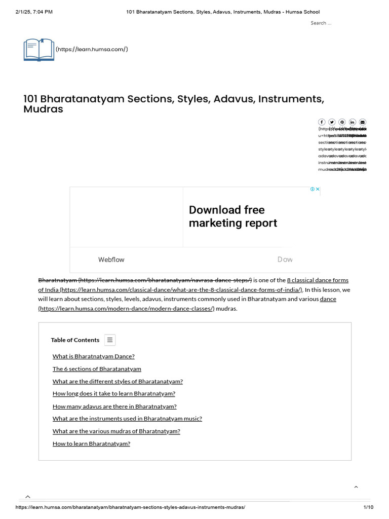 101 Bharatanatyam Sections, Styles, Adavus, Instruments, Mudras - Humsa School | PDF | Concert ...