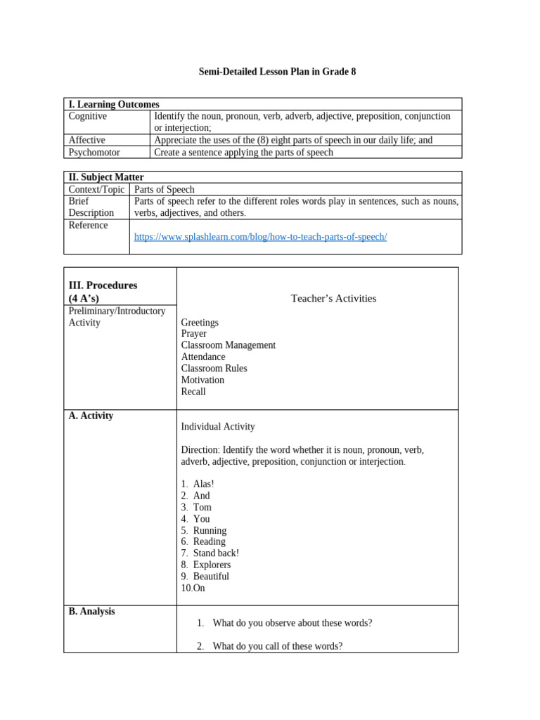 English Grade 8 Lesson Plan Jessica Yano | PDF | Part Of Speech | Adverb