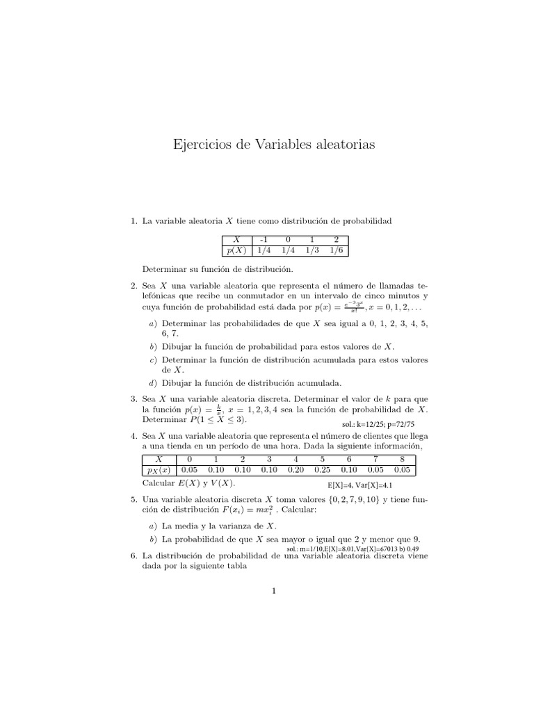 Ejercicios Variables Aleatorias | PDF | Variable aleatoria | Diferencia