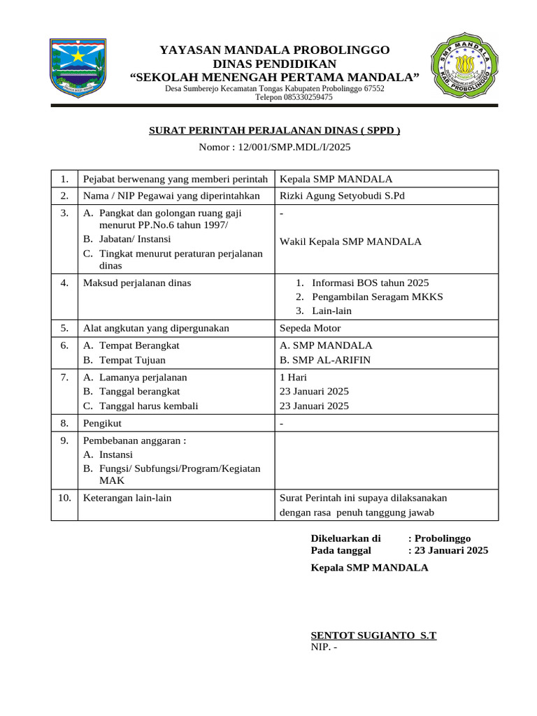 SPPD Perjalanan Dinas SMP Mandala | PDF