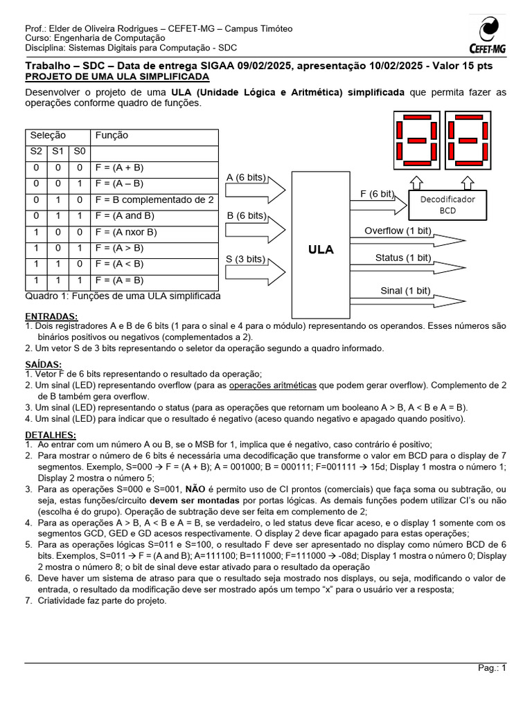 Projeto de ULA Simplificada em SDC | PDF | Eletrônicos digitais ...