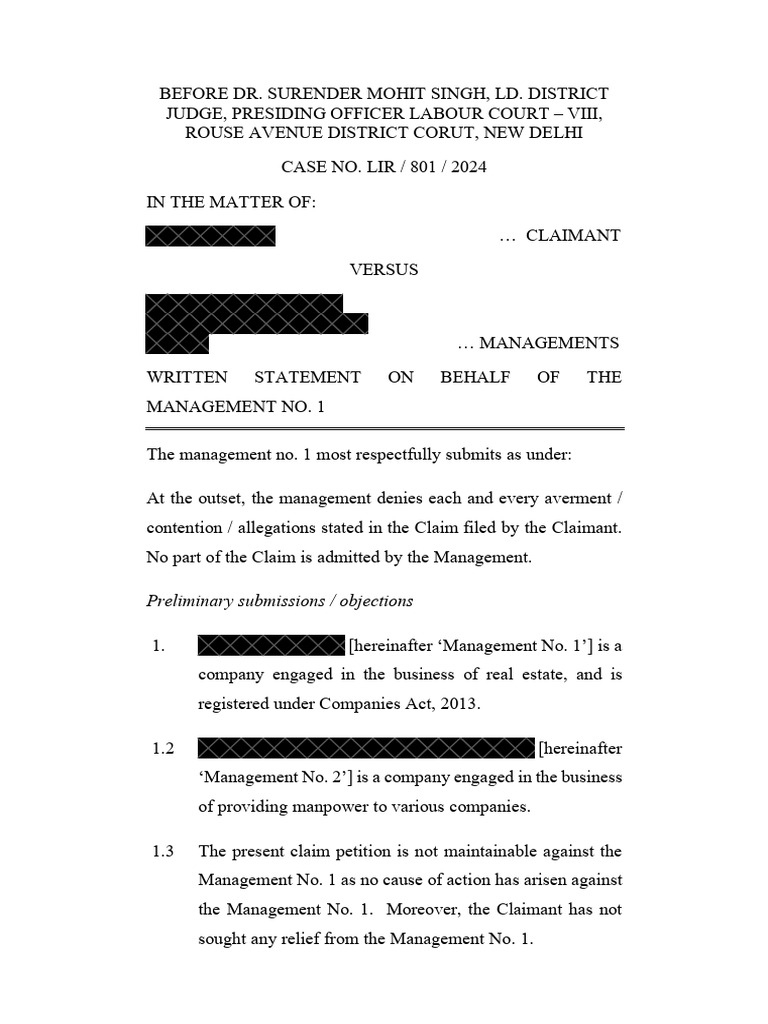 Management's Written Statement in Labour Court | PDF | Employment ...
