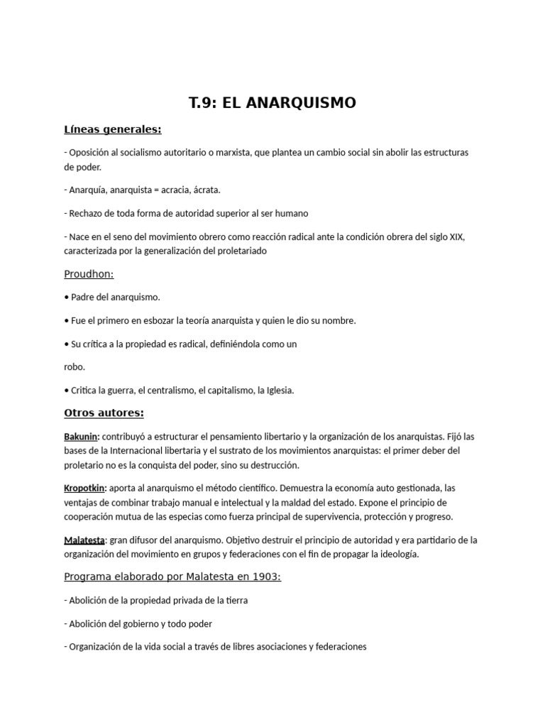 Resumen T9 Anarquismo | PDF | Anarquismo | Crítica del capitalismo