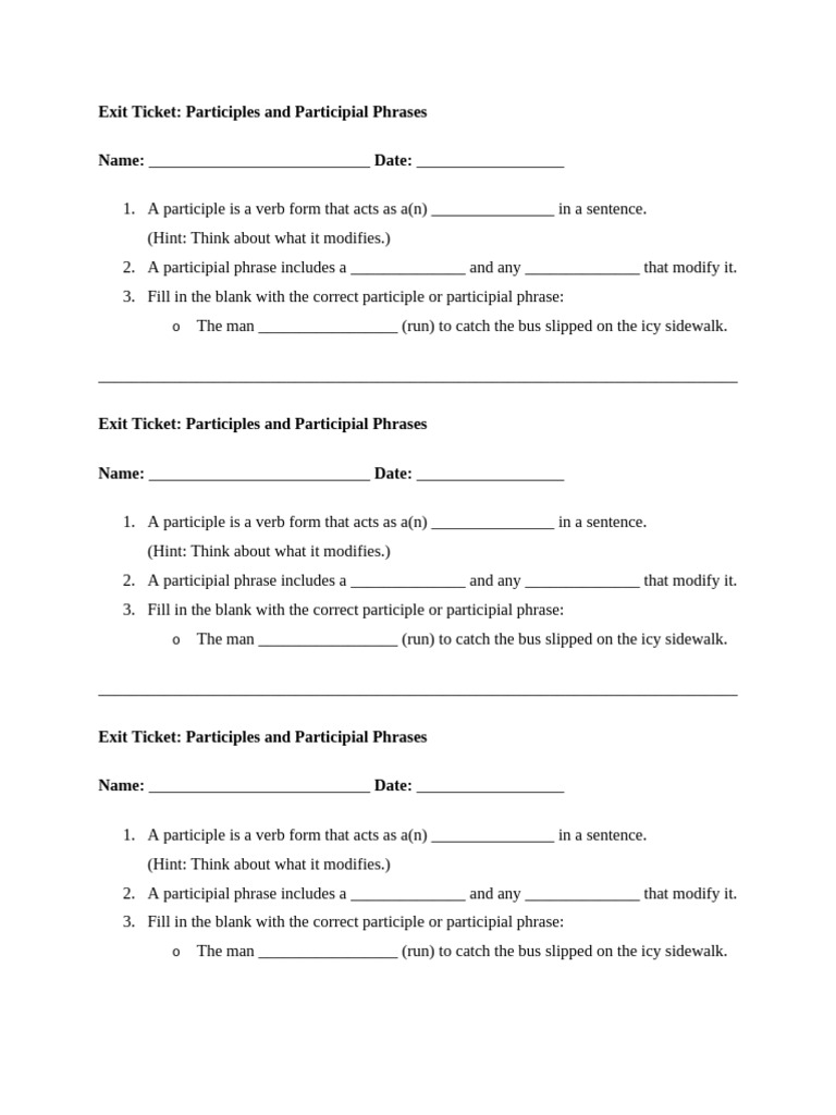 Exit Ticket On Participle Phrases | PDF