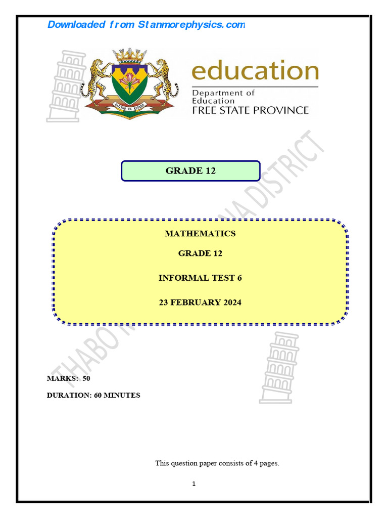 FS Maths Grade 12 TEST 6 FEB 2024 QP and Memo | PDF | Mathematics