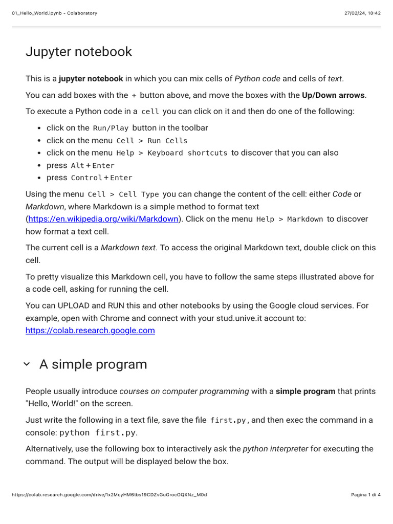 01_Hello_World.ipynb - Colaboratory | PDF | String (Computer Science) | Computer Programming