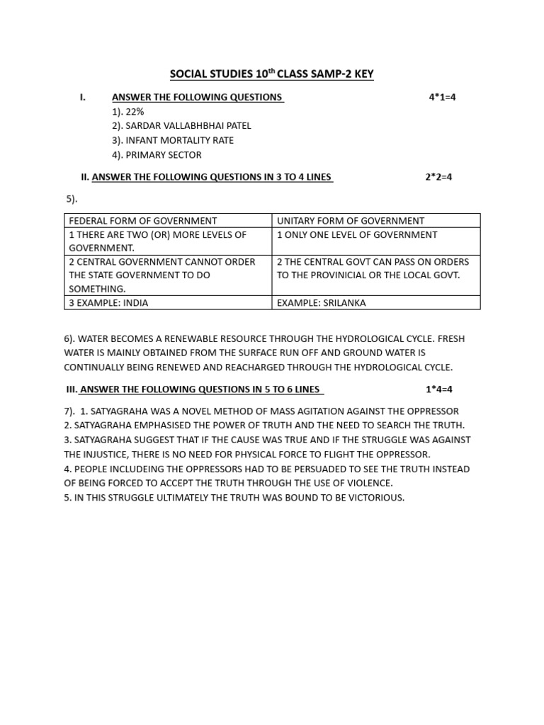 10th Class Social Studies Sample Key | PDF | Income | Developing Country