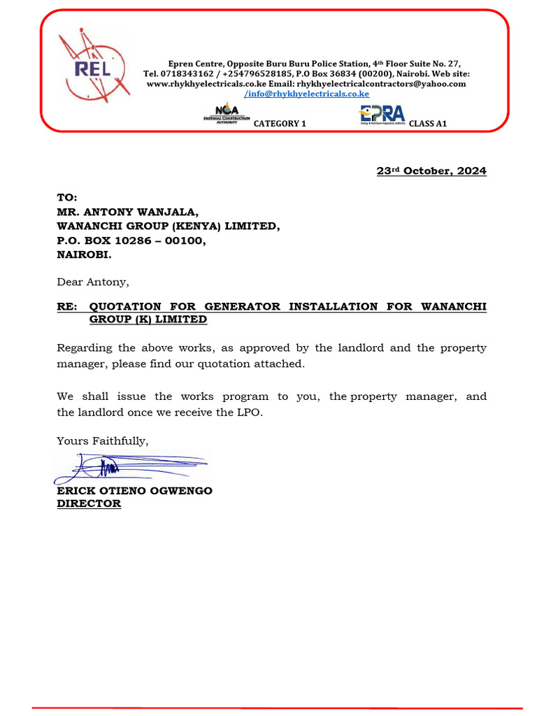 Quotation For Generator Installation - Wananchi Group | PDF ...