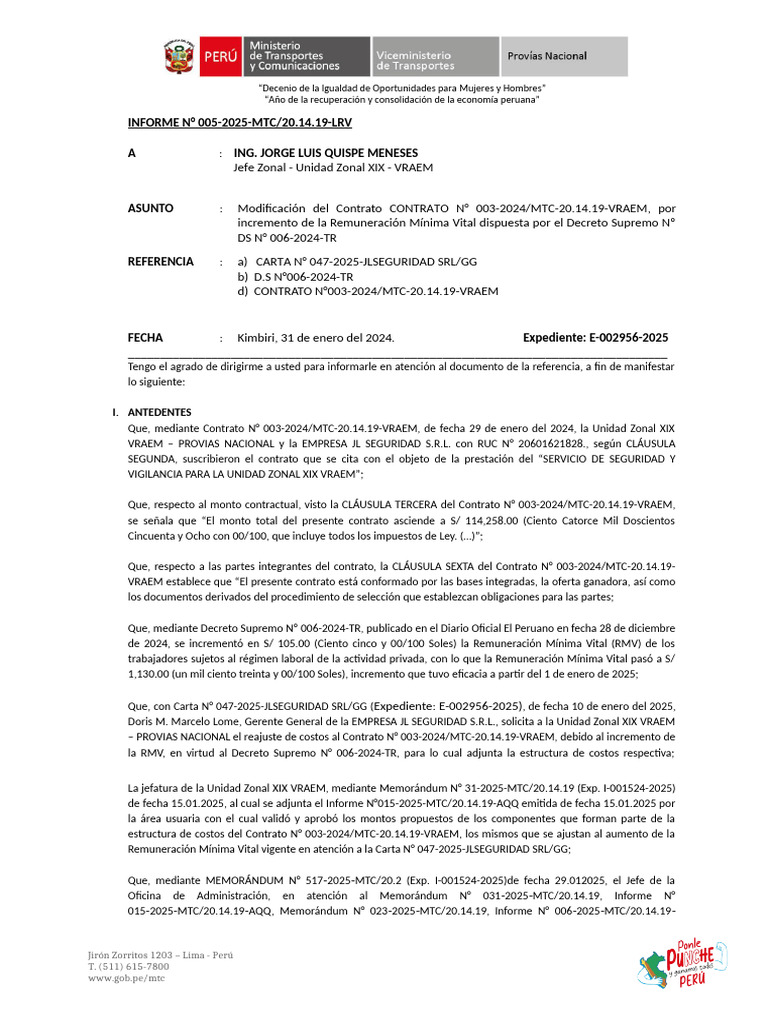 Ajuste de Contrato por Incremento de RMV | PDF | Presupuesto | Salario mínimo
